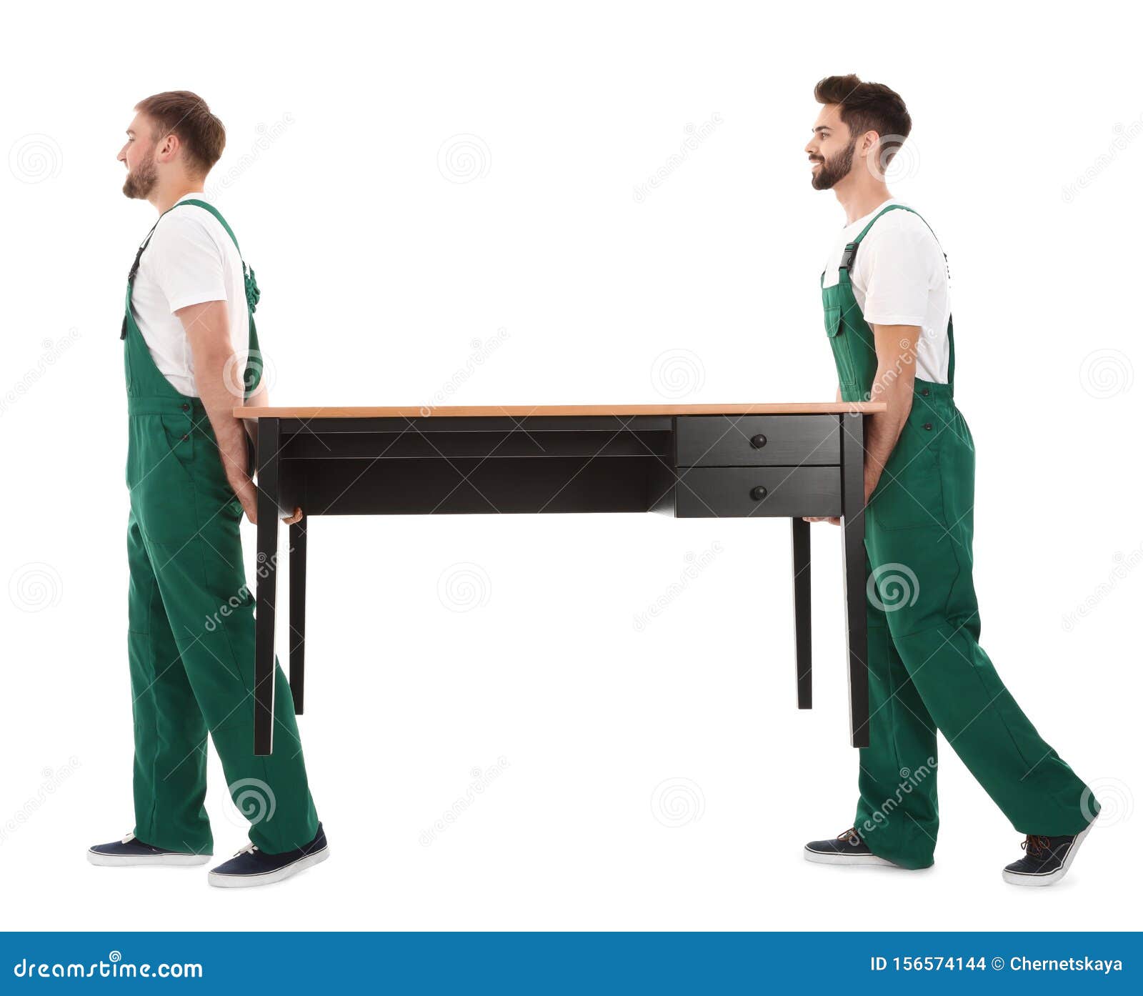 Young Workers Carrying Table on White. Moving Service Stock Photo ...