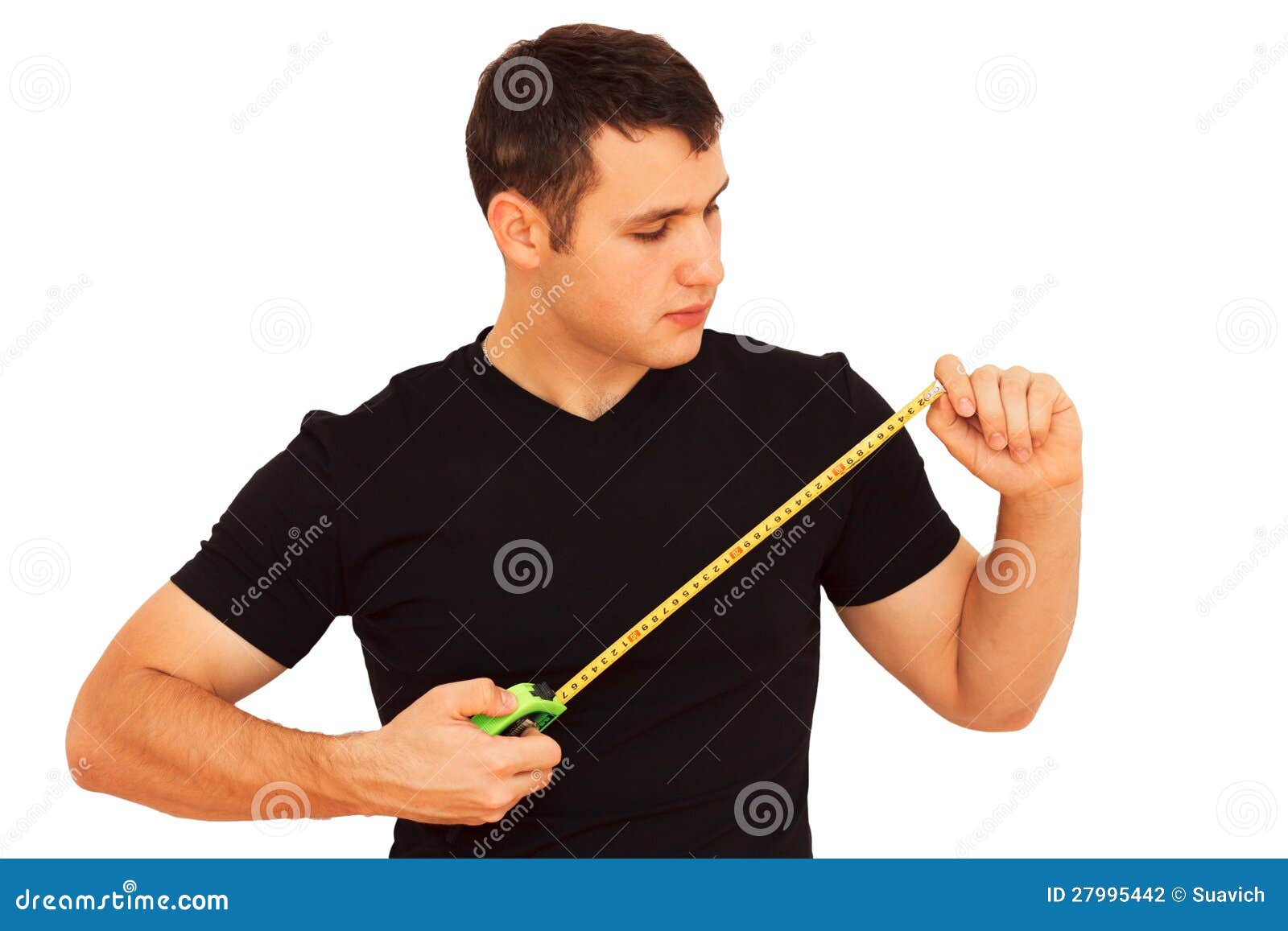 Young Workman with Tape Measure on White Stock Photo - Image of ...