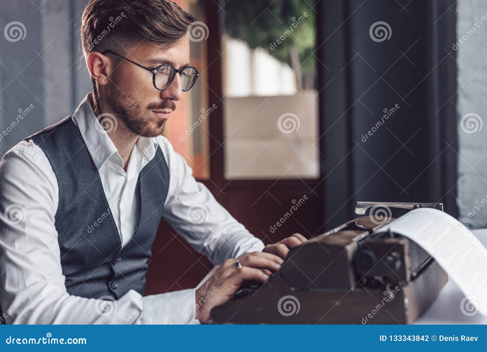 Young Writer Typing on a Retro Typewriter Stock Photo - Image of adult ...