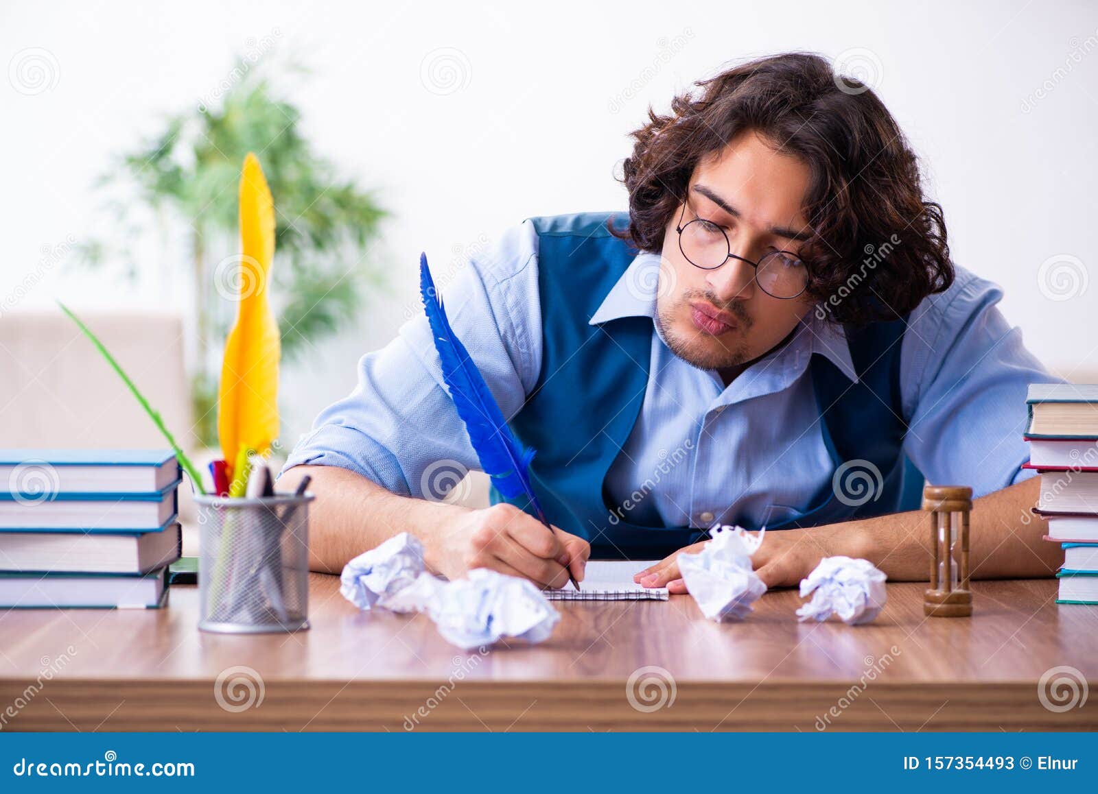 Young Writer Working on His New Work Stock Image - Image of plume ...