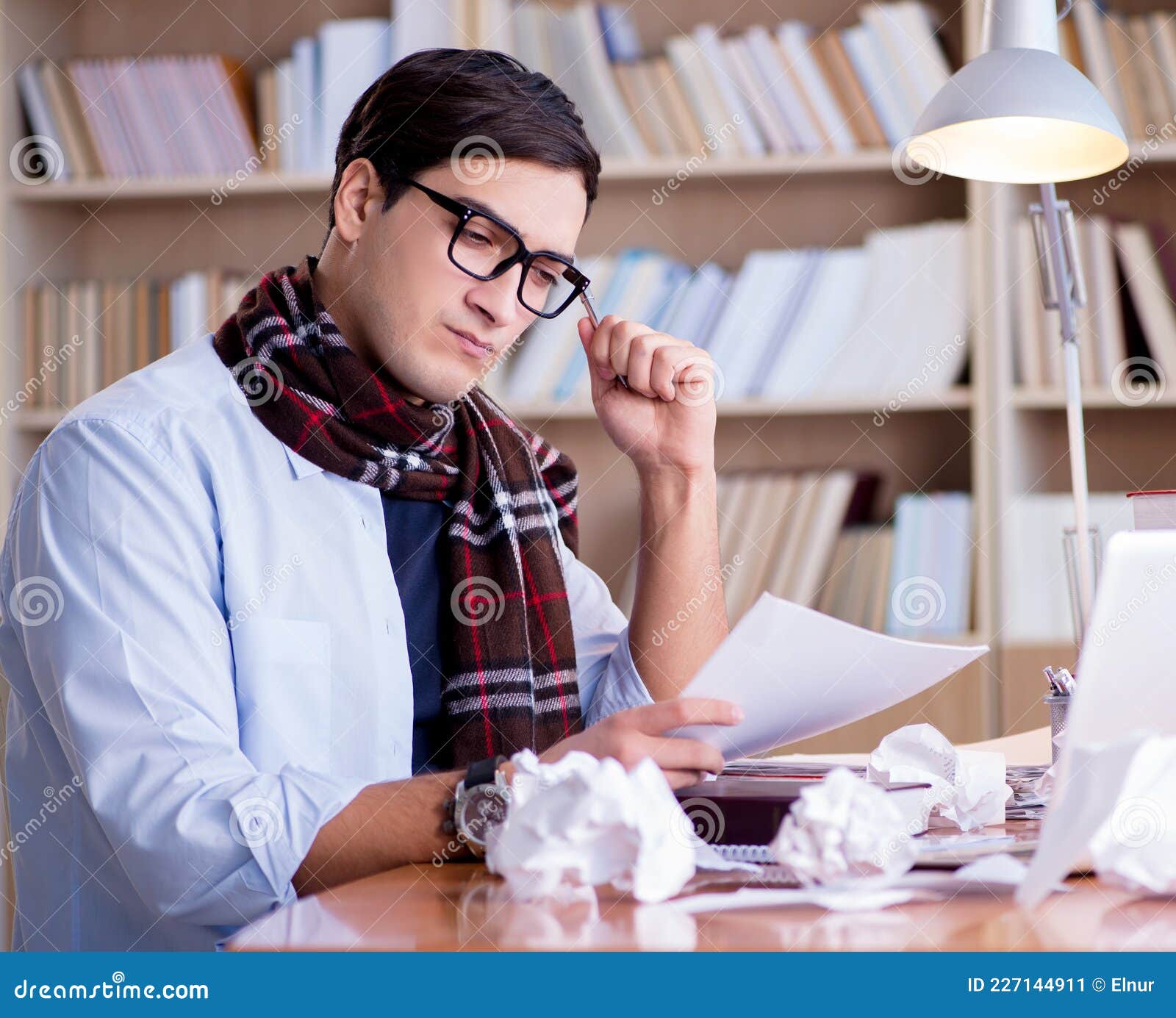 Young Writer Working in the Library Stock Image - Image of glasses ...