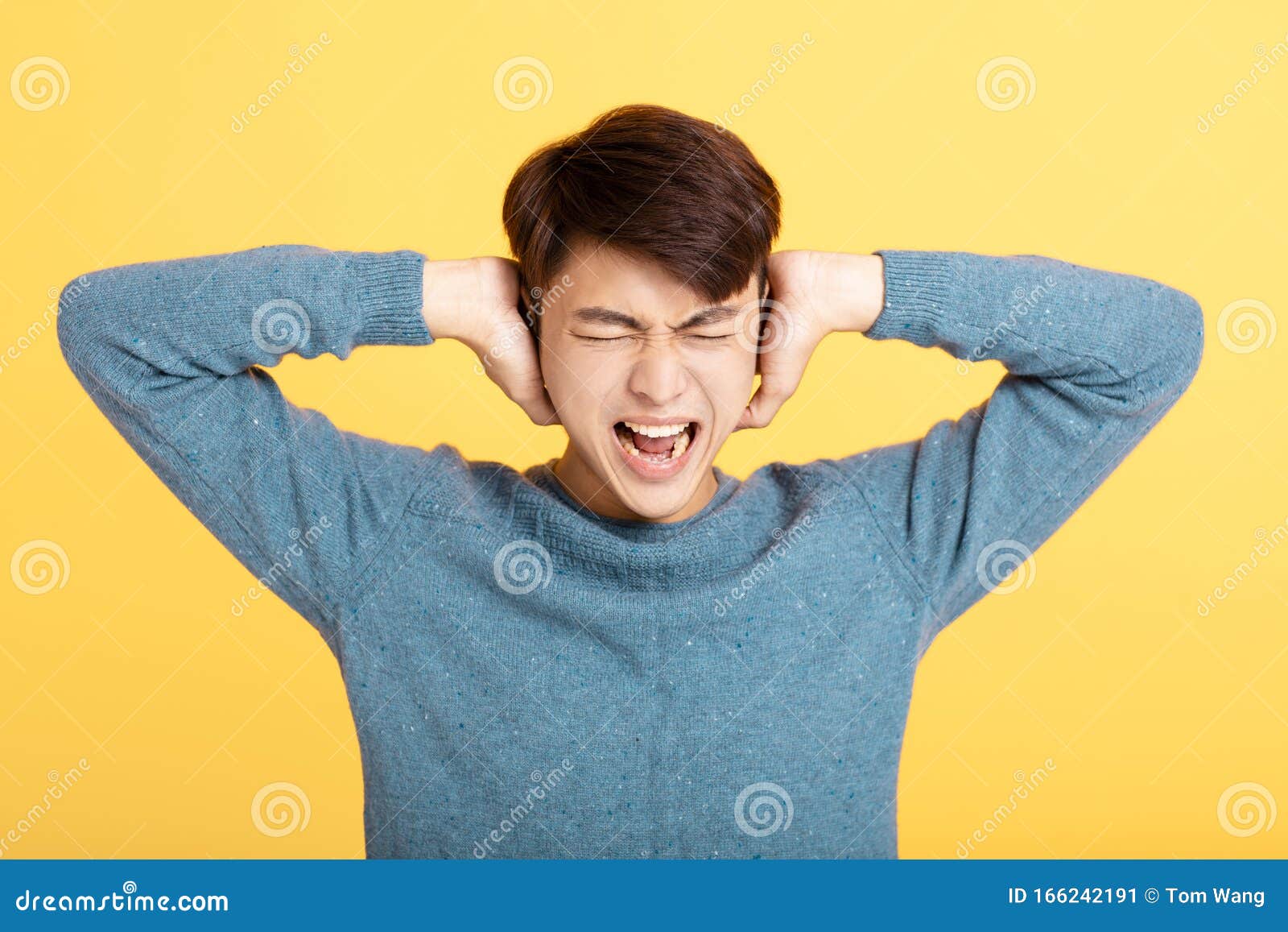 Young Yelling Man Hand Cover His Ear Stock Image - Image of listen ...