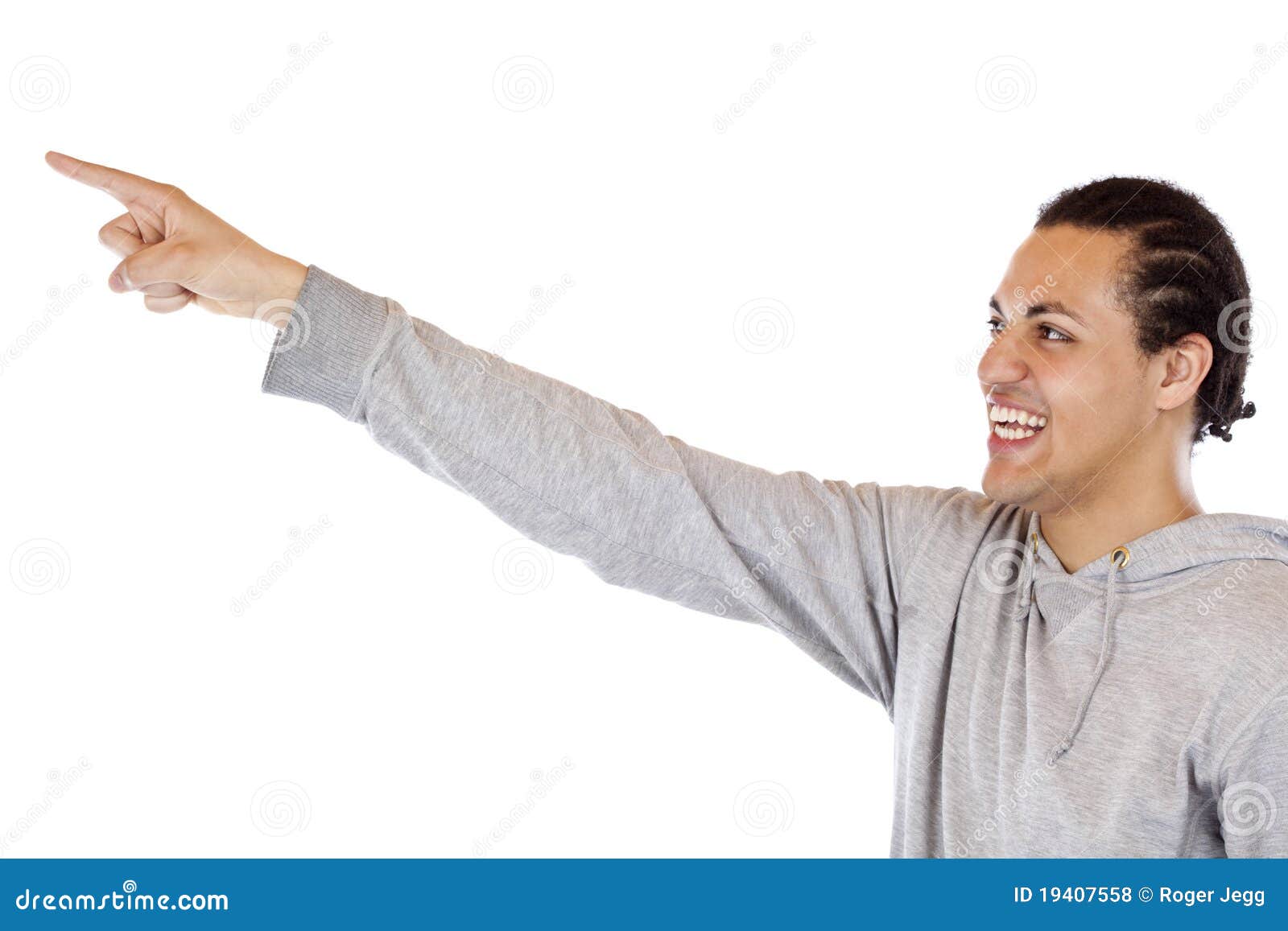 Youngman Pointing with Arm Nad Finger at Ad Space Stock Photo - Image ...