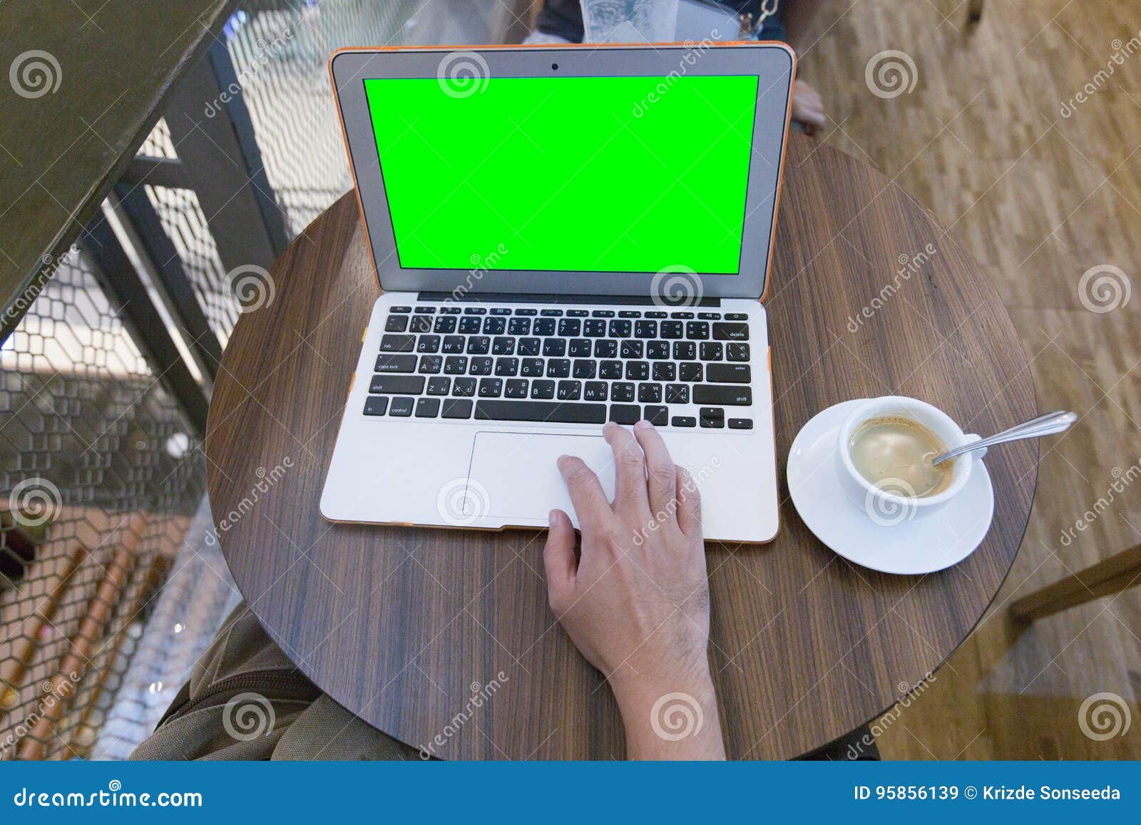 Youngman Working with Laptop in Cafe, Laptop with Green Screen. Stock ...