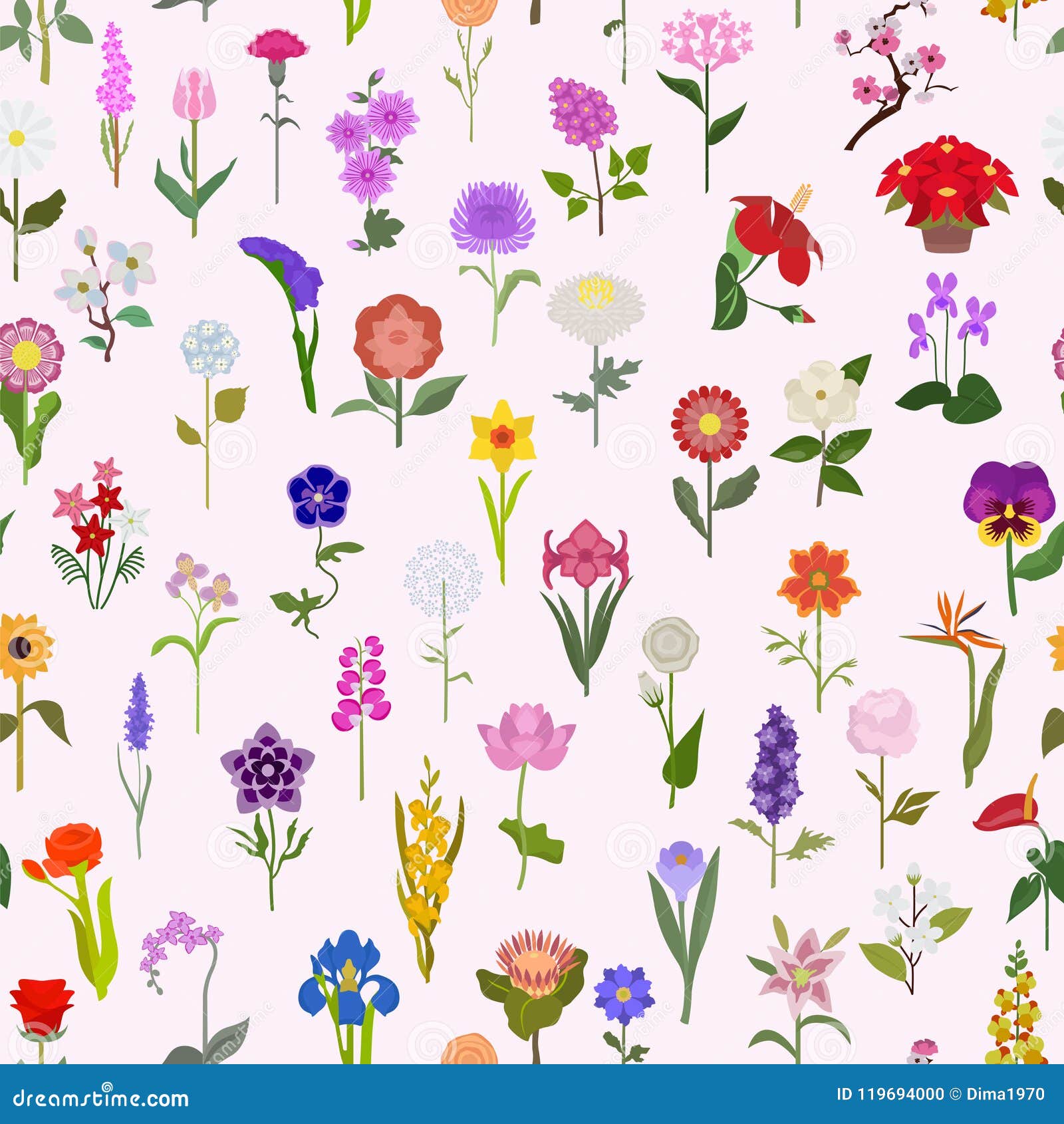 Your Garden Guide. Top 50 Most Popular Flowers Seamless Pattern Stock ...