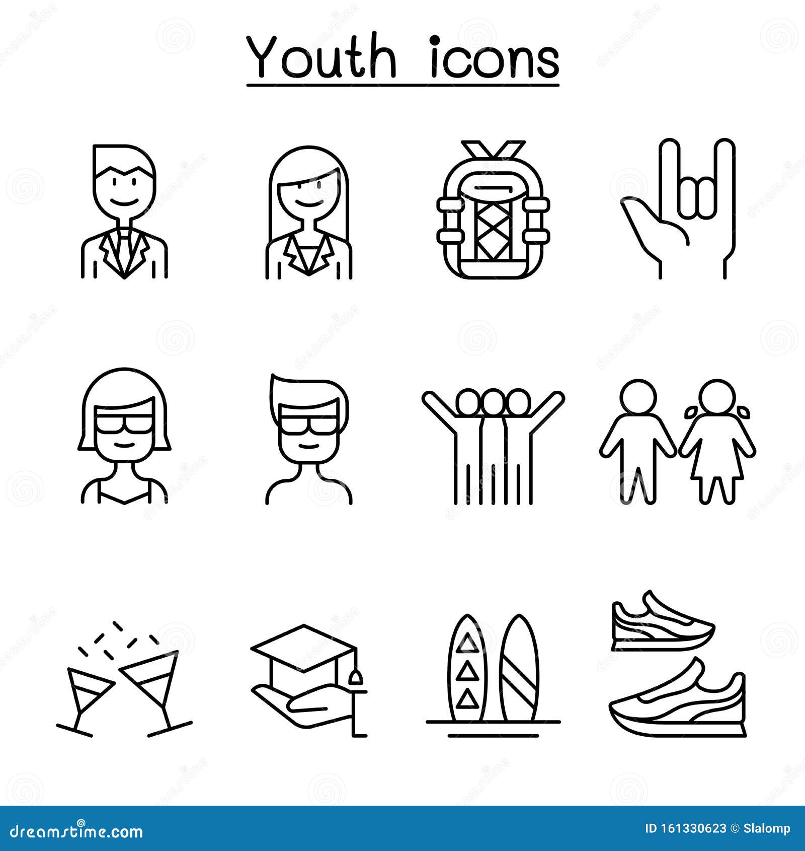 Youth Icon Set in Thin Line Style Stock Vector - Illustration of ...