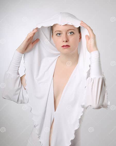 Youth Woman Takes Off White Hood Stock Image Image Of Beauty