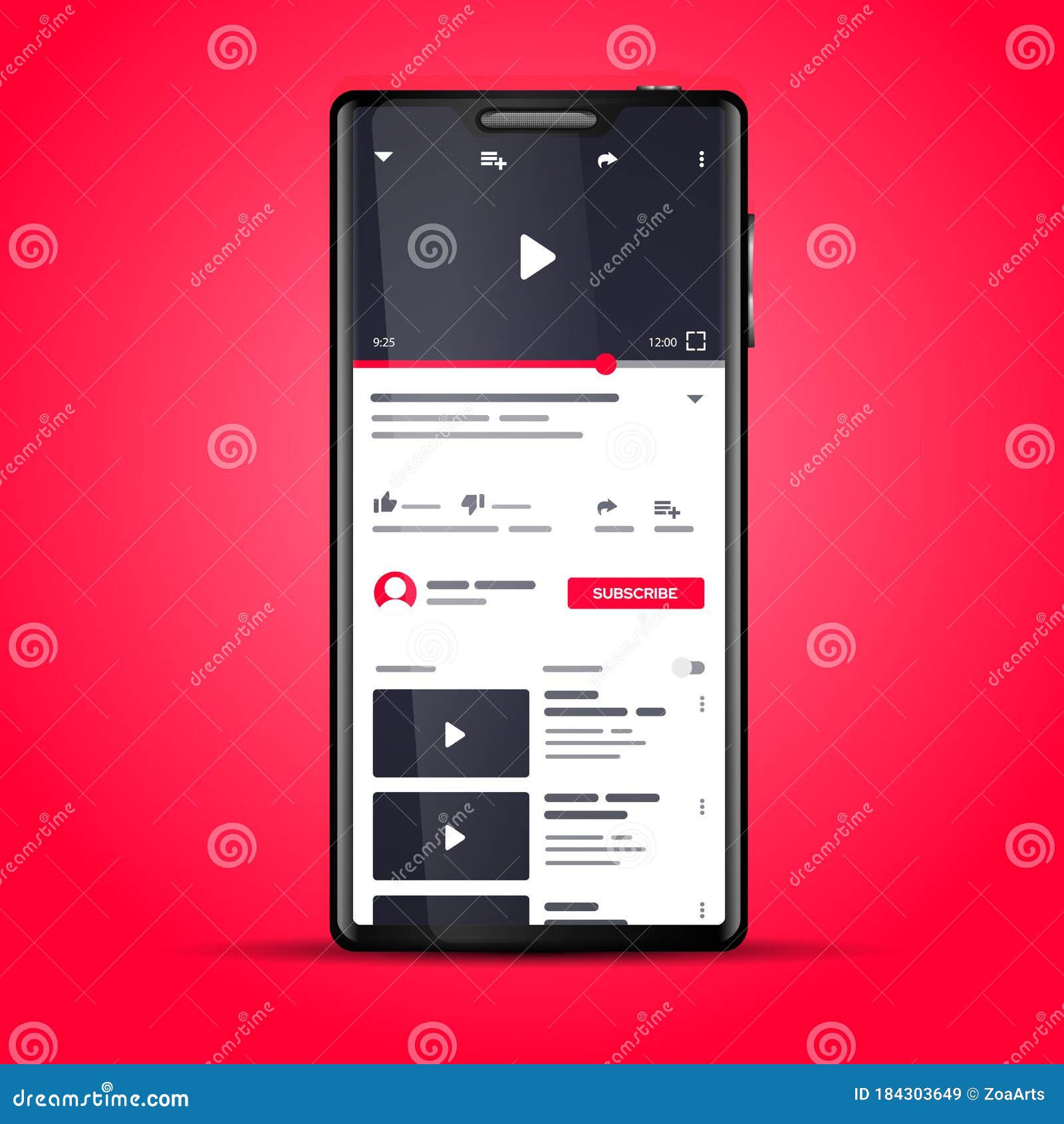 Vector Illustration You Tube Video App Template on Smartphone Screen ...