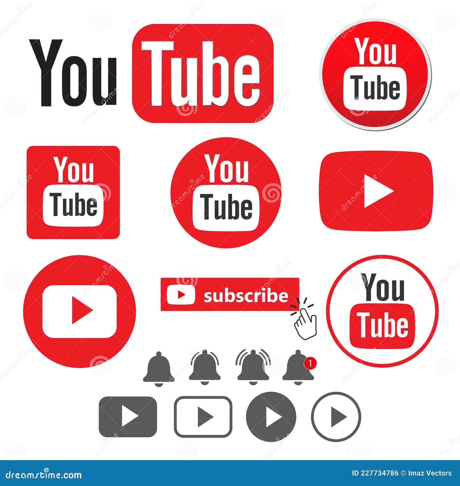 YouTube Logo Icon Set with Subscribe, Bell and Play Button Editorial ...