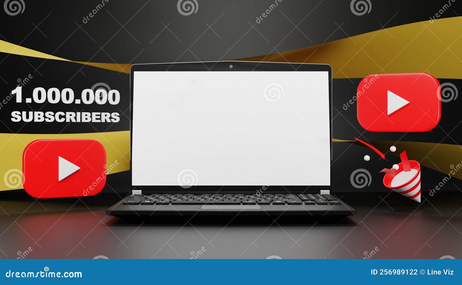 Youtube Subscribers Congratulation with Laptop Mockup. 3D Rendering ...