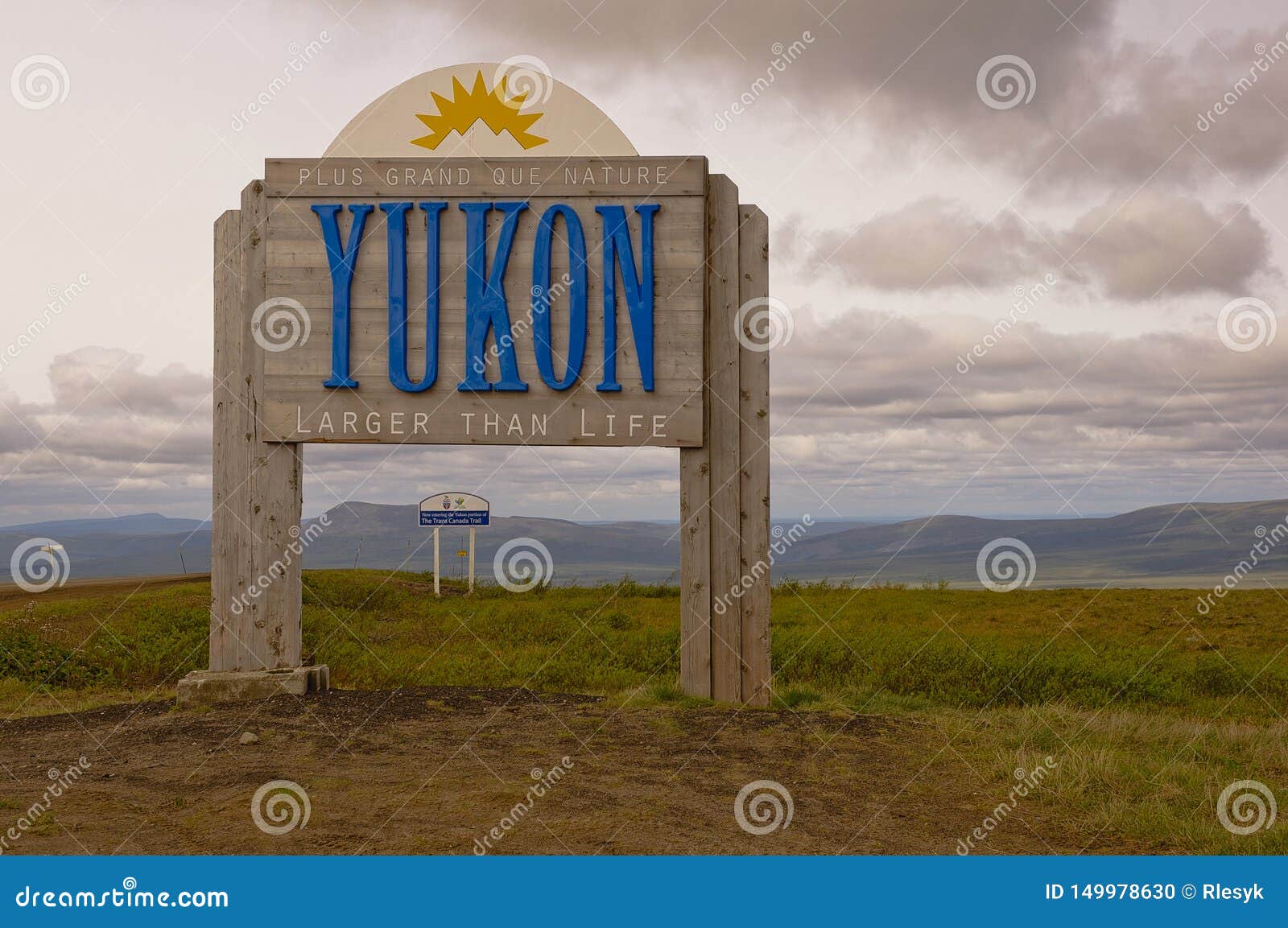 Yukon Border and Trans Canada Trail Sign in the Arctic Stock Photo ...