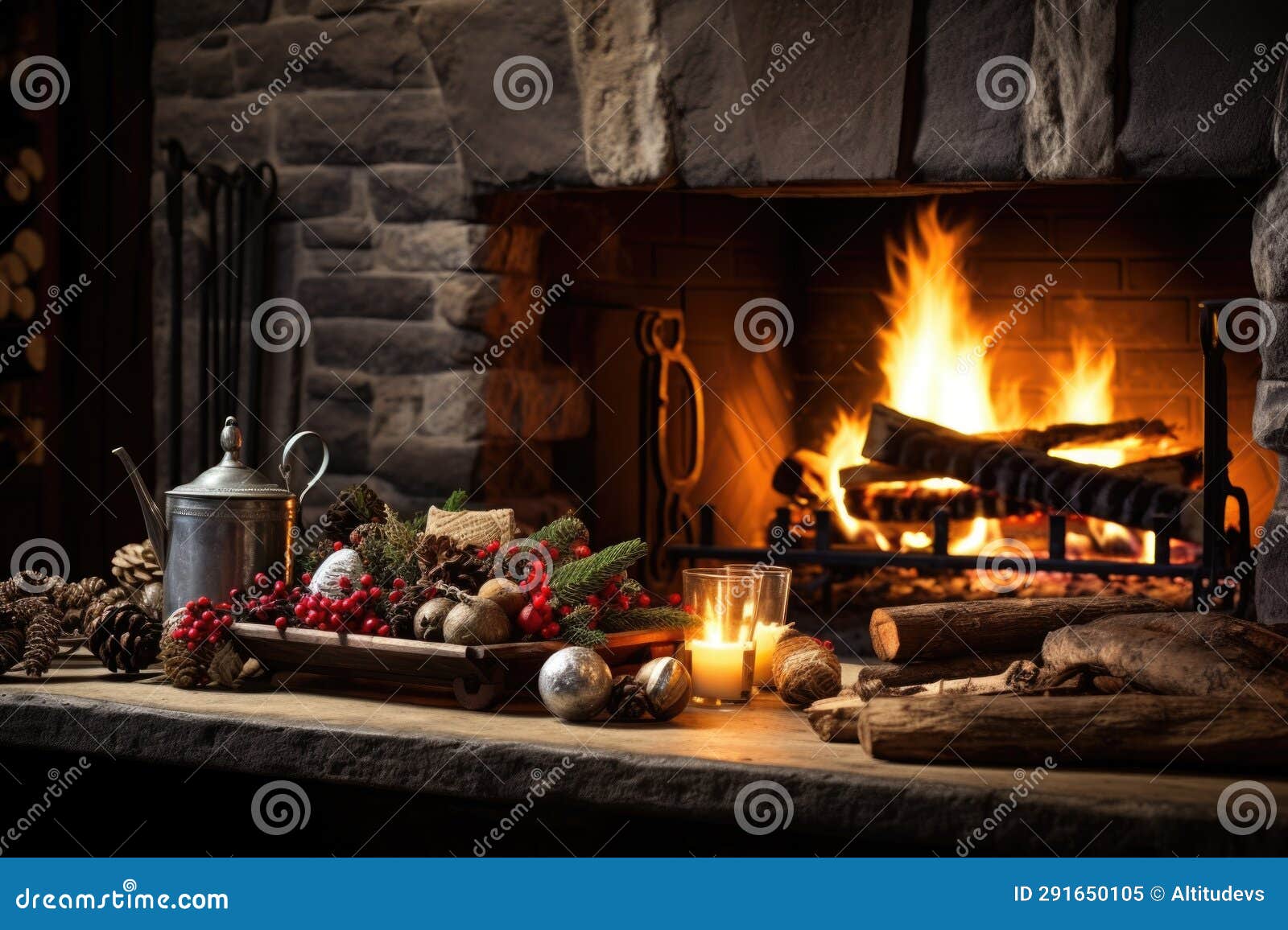 Yule Log Burning in a Stone Fireplace Stock Image - Image of festive ...