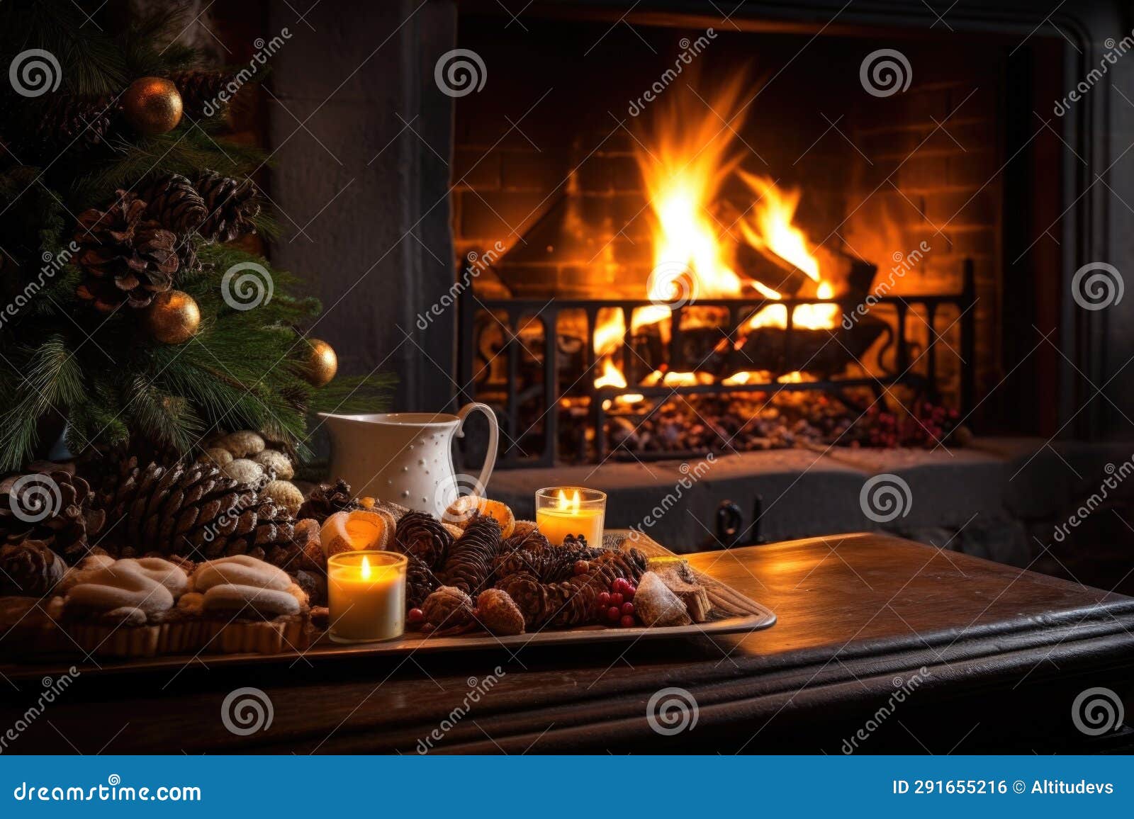 Yule Log Burning in a Stone Fireplace Stock Photo - Image of generated ...