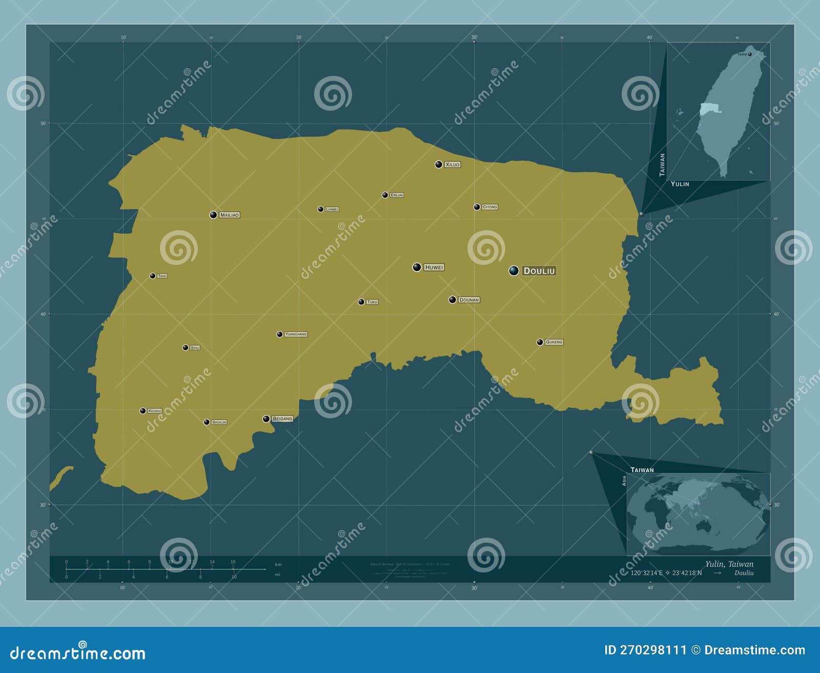 Yulin, Taiwan. Solid. Labelled Points of Cities Stock Illustration ...