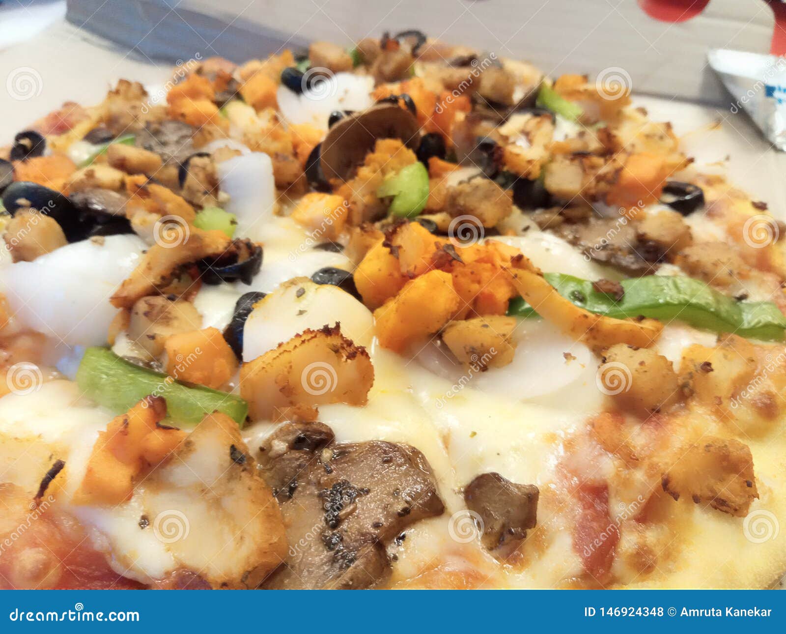 Yummy Chicken Supreme Pizza at Dominos Pizza Stock Photo - Image of ... Yummy Chicken Supreme Pizza at Dominos Pizza Stock Photo - Image of ...