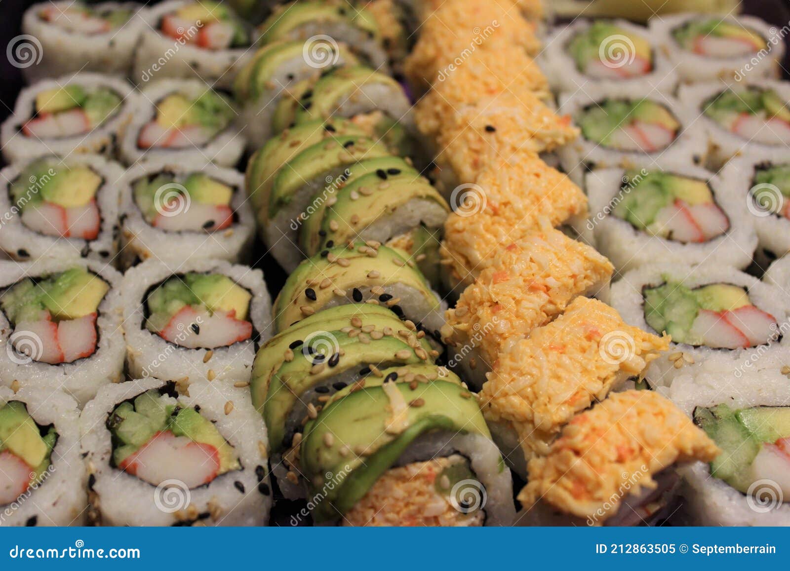 Rows of a Variety of Soshi Rolls Stock Image - Image of fruit, green ...
