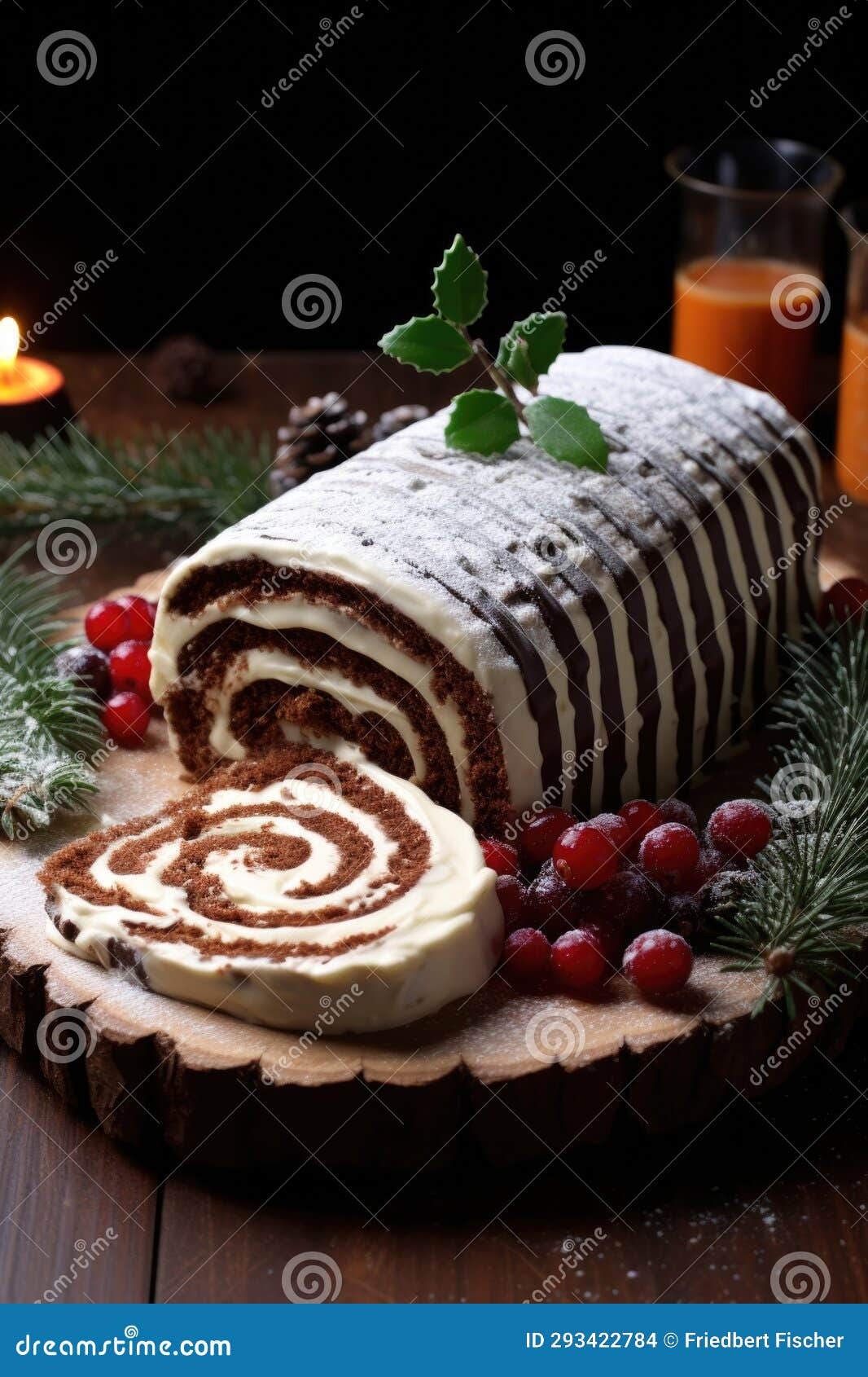 A Yummy Roll with Icing and Cranberries. Yule Log Cake Stock ...
