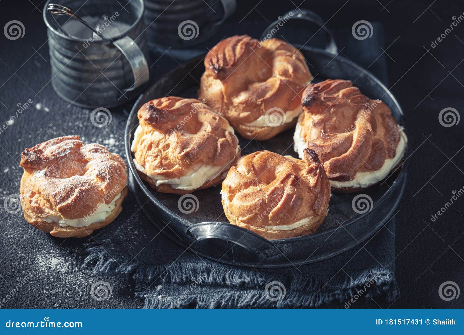 Yummy and Sweet Cream Puffs on Rustic Dark Table Stock Image - Image of ...