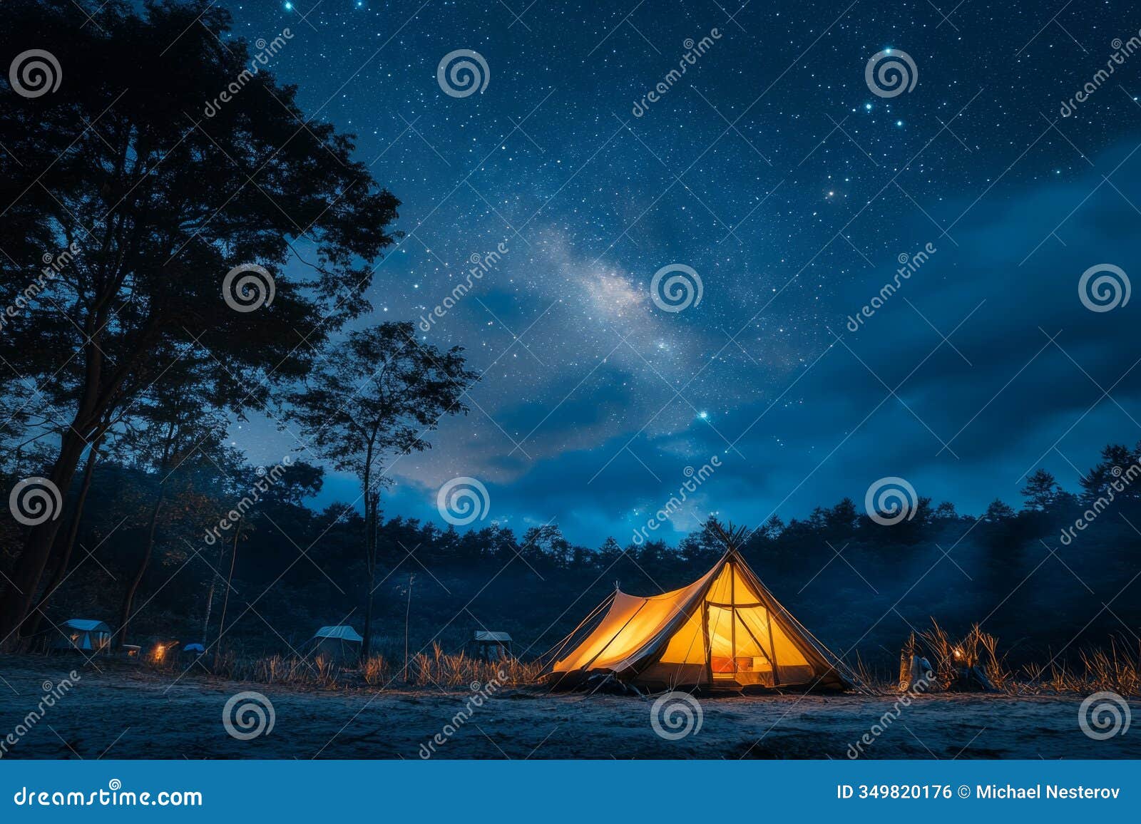 Yurts Standing on Grass Under Scenic Milky Way during Sunset Stock ...