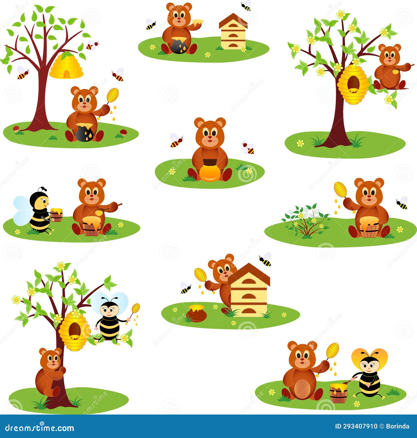Cartoon Vector Illustration of Bees, Bears and Honey Stock Vector ...