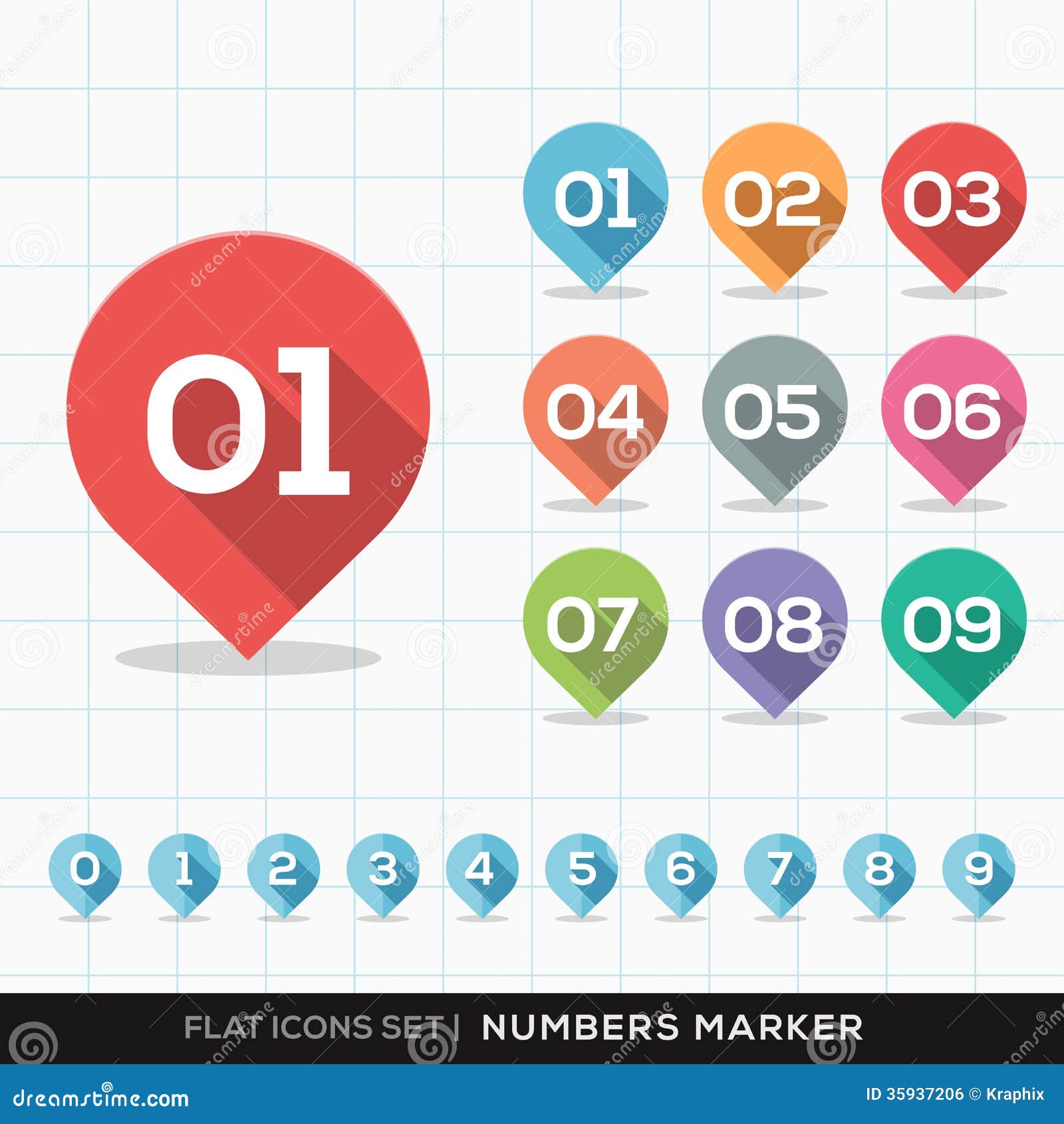 Zahlen Pin Marker Flat Icons Mit Langem Schatten Satz Vektor Abbildung ...