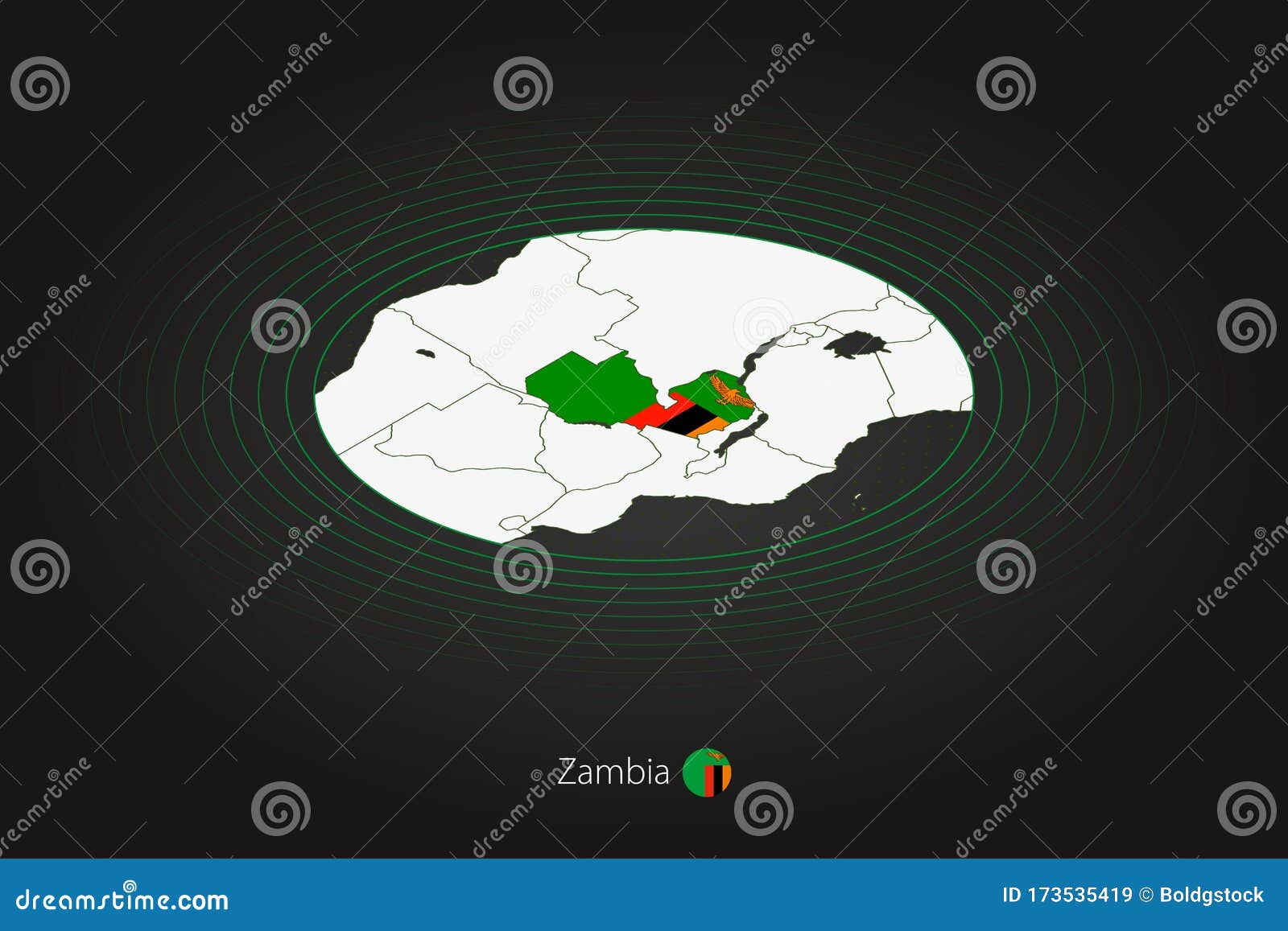 Zambia Map In Dark Color Oval Map With Neighboring Countries Stock