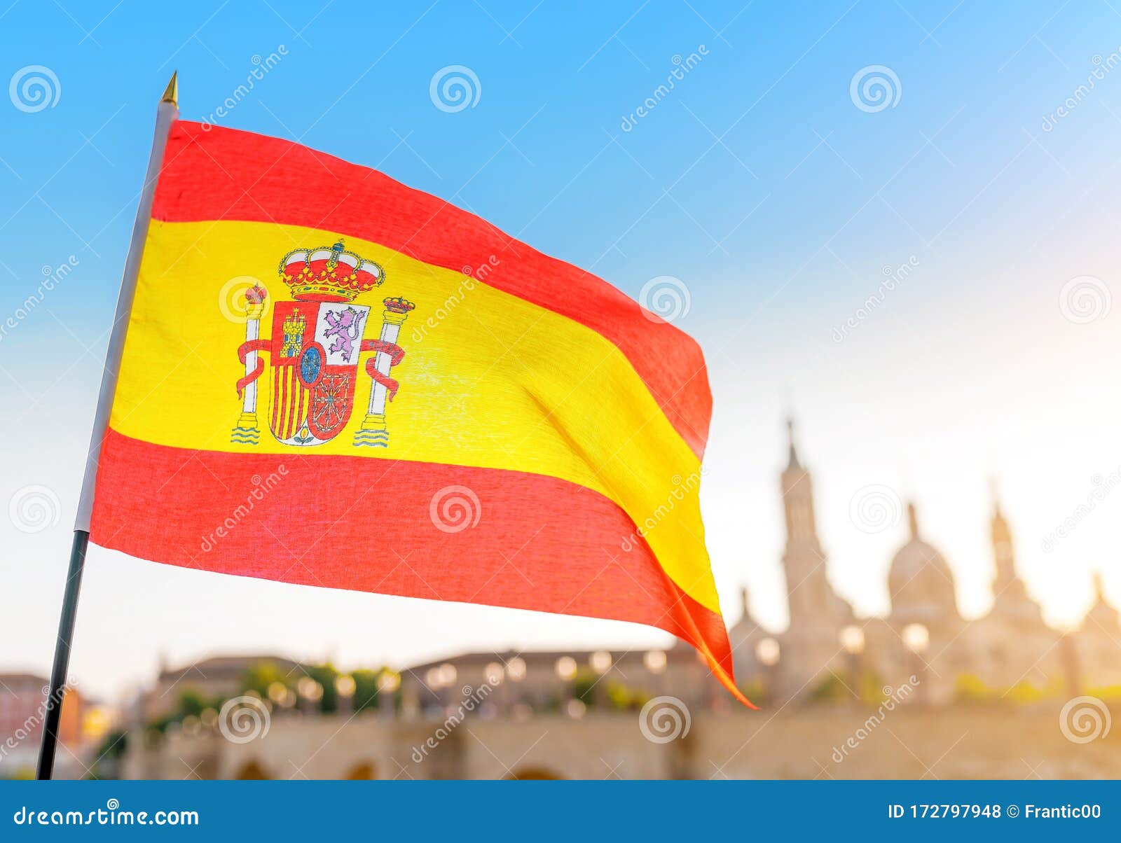 Cathedral with Spain Flag at Sunset in Spain Stock Photo - Image of ...
