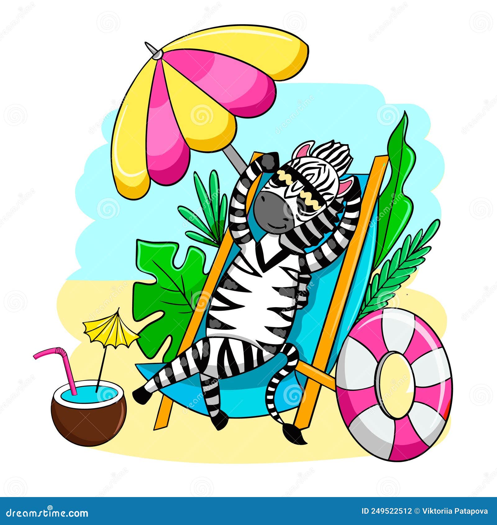 Zebra in Cartoon Style on the Beach, Summer Postcard Vector Stock ...