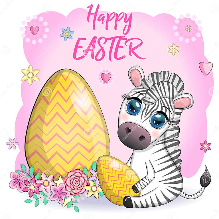 Zebra with Easter Egg, Flowers. Easter Greeting Card Stock Vector ...