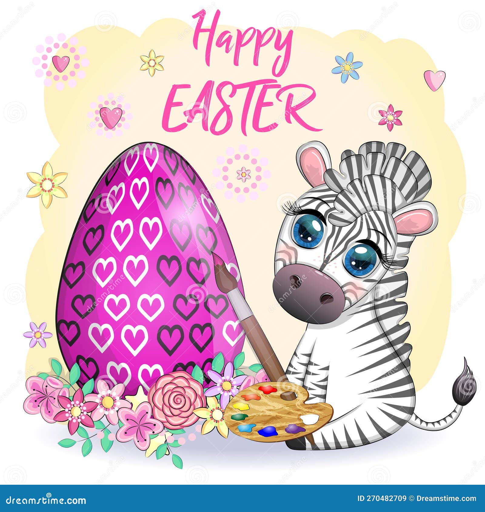 Zebra with Easter Egg, Flowers. Easter Greeting Card Stock Illustration ...