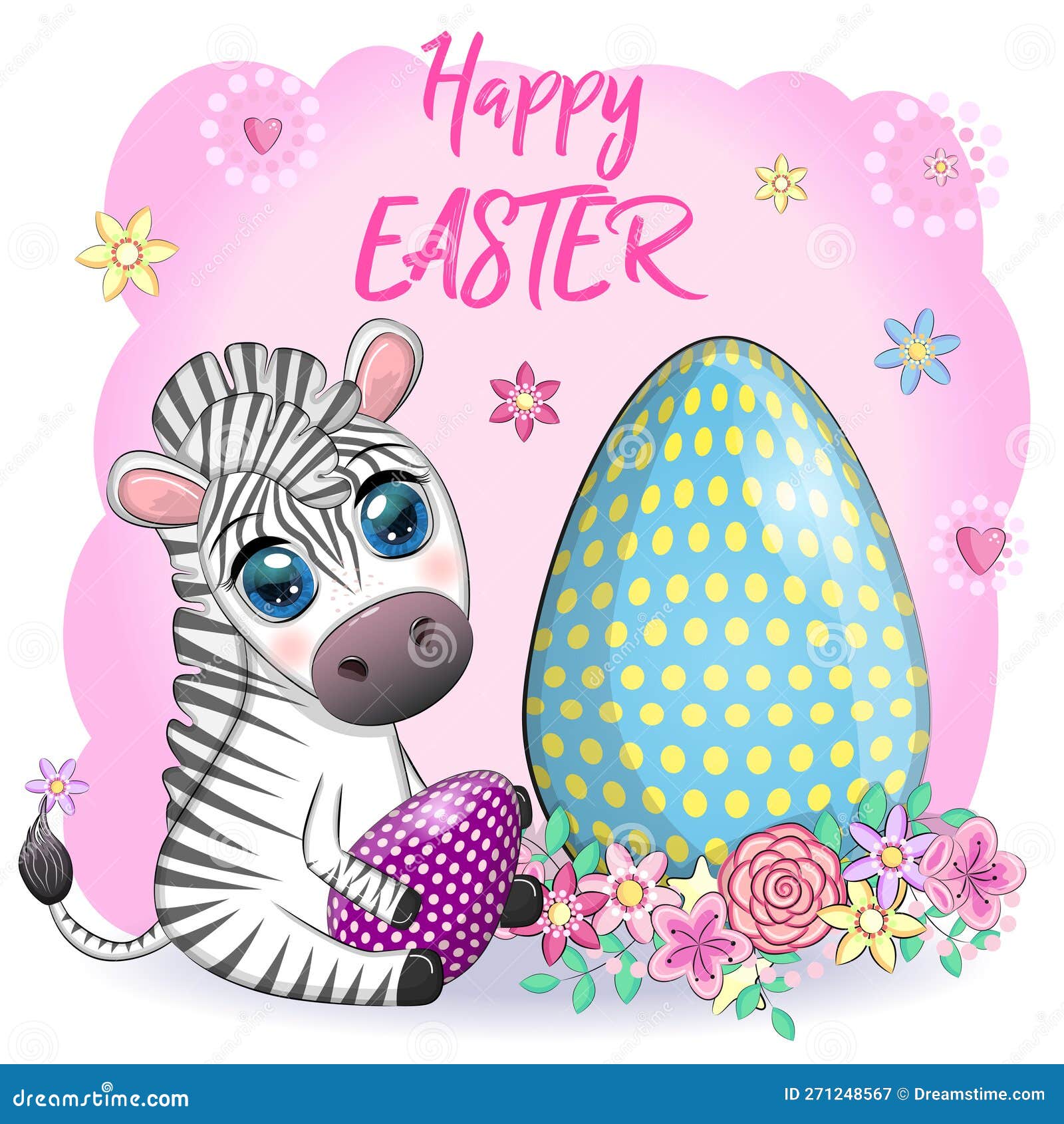 Zebra with Easter Egg, Flowers. Easter Greeting Card Stock Vector ...