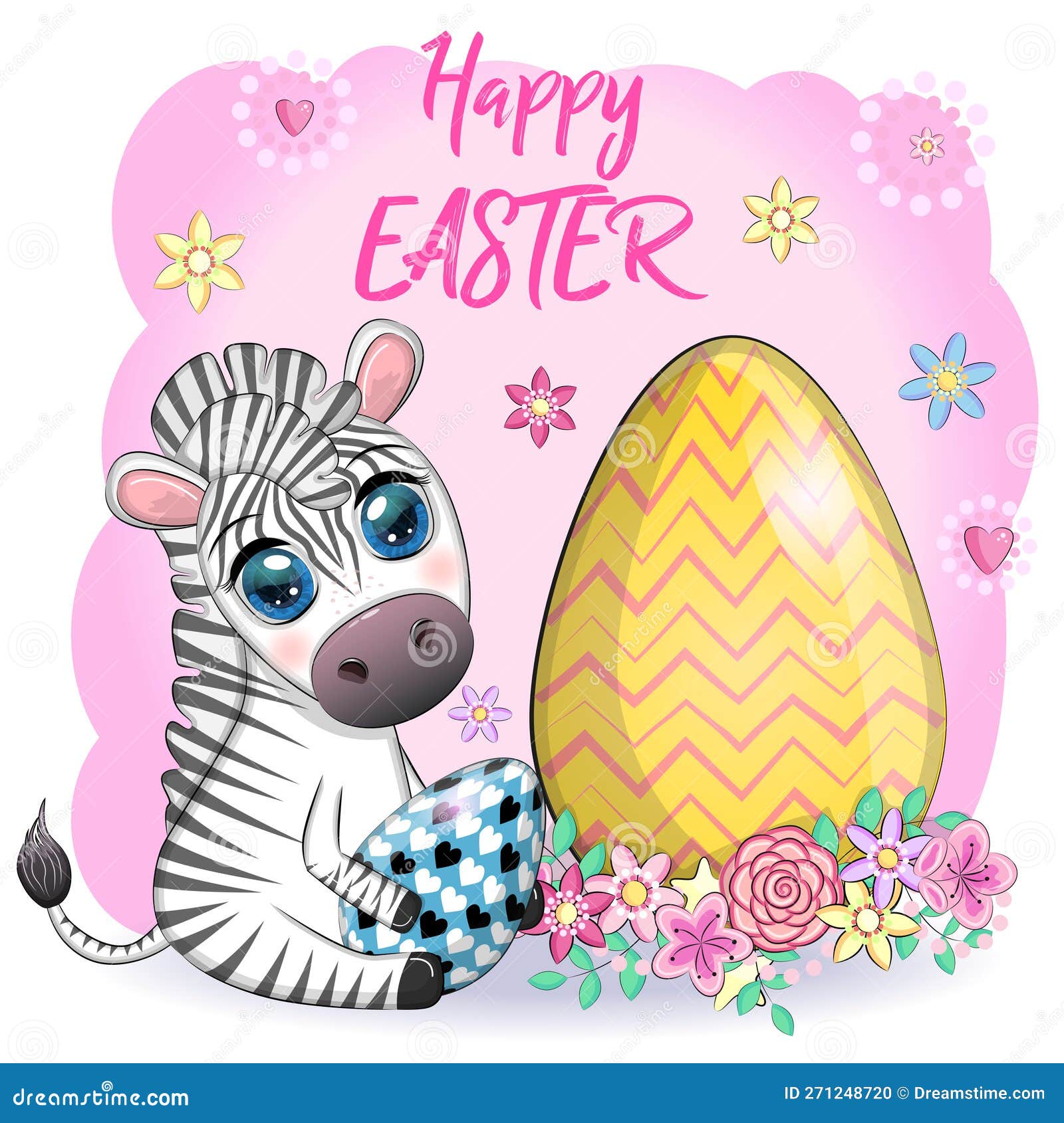 Zebra with Easter Egg, Flowers. Easter Greeting Card Stock Illustration ...