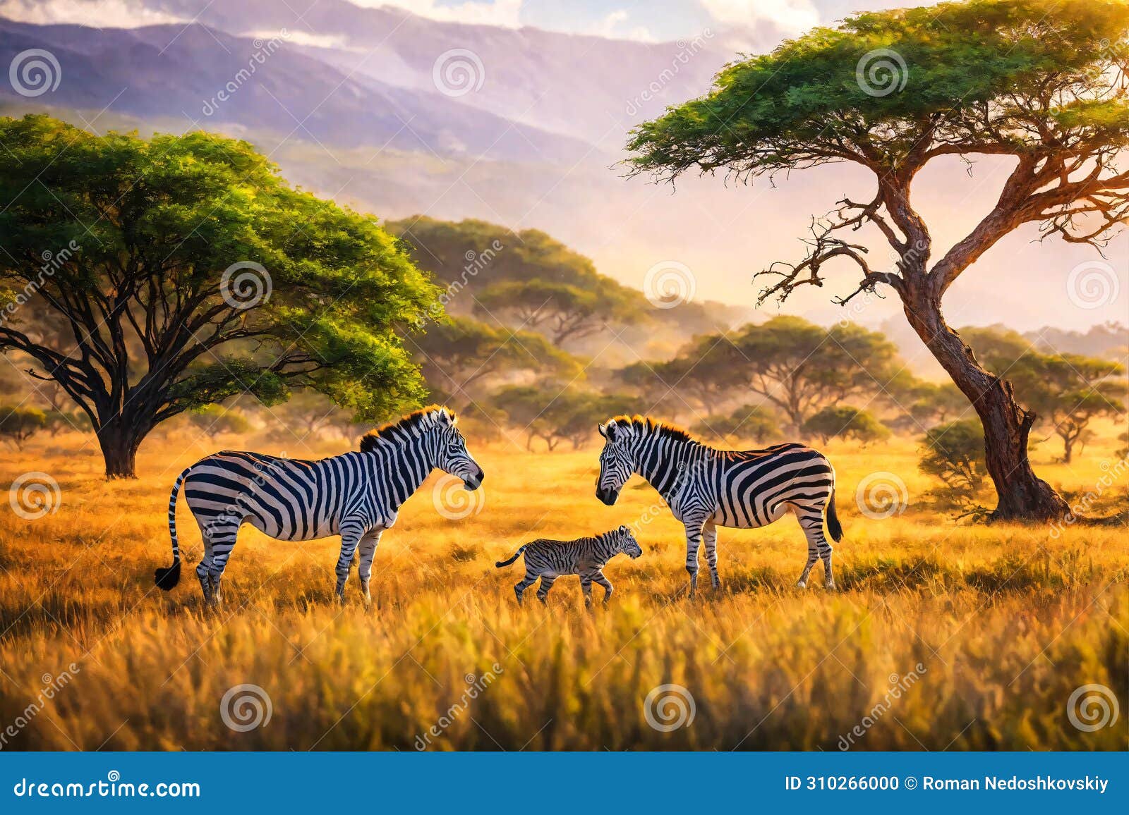 Zebra Family in the African Savanna Stock Illustration - Illustration ...