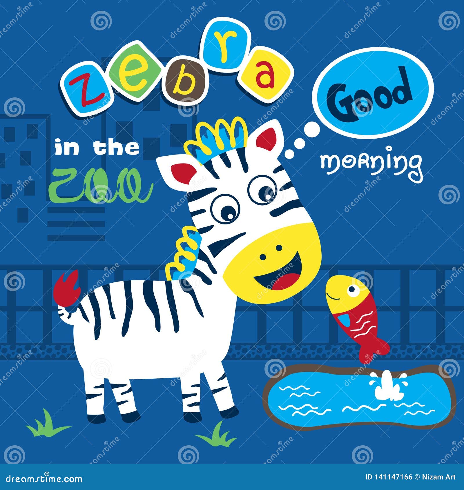 Zebra and Fish in the Zoo Funny Cartoon,vector Illustration Stock ...