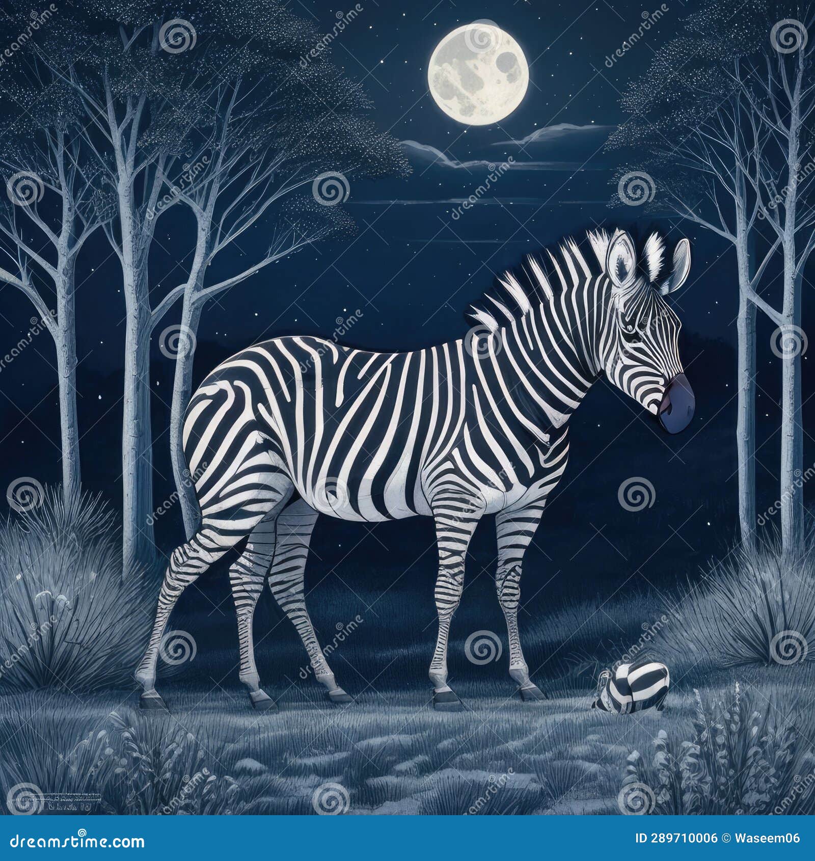 Zebra in the Forest at Night with Full Moon, Illustration Stock Photo ...