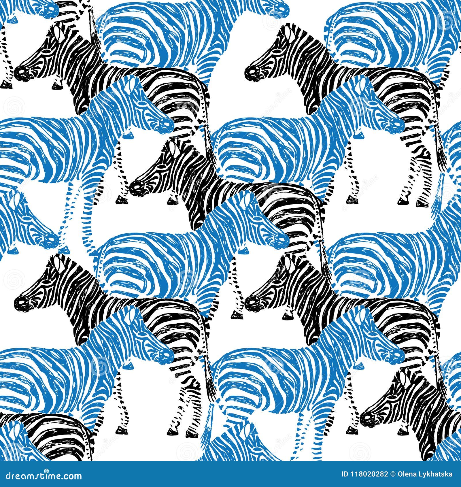 Zebra Hand Drawn Pattern. Black and Blue Object Isolated on White Stock ...