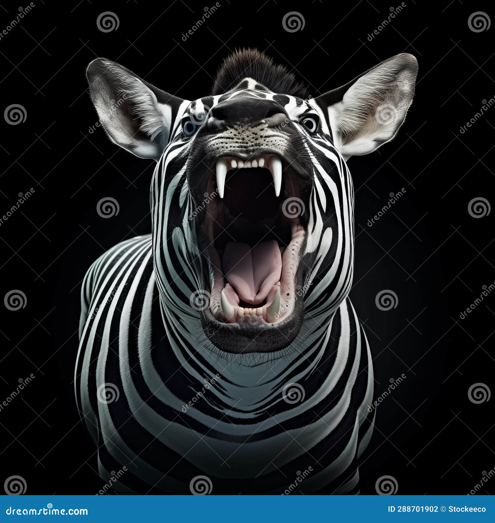 Expressive Surrealism: Zebra Screams with Teeth Open on Black ...