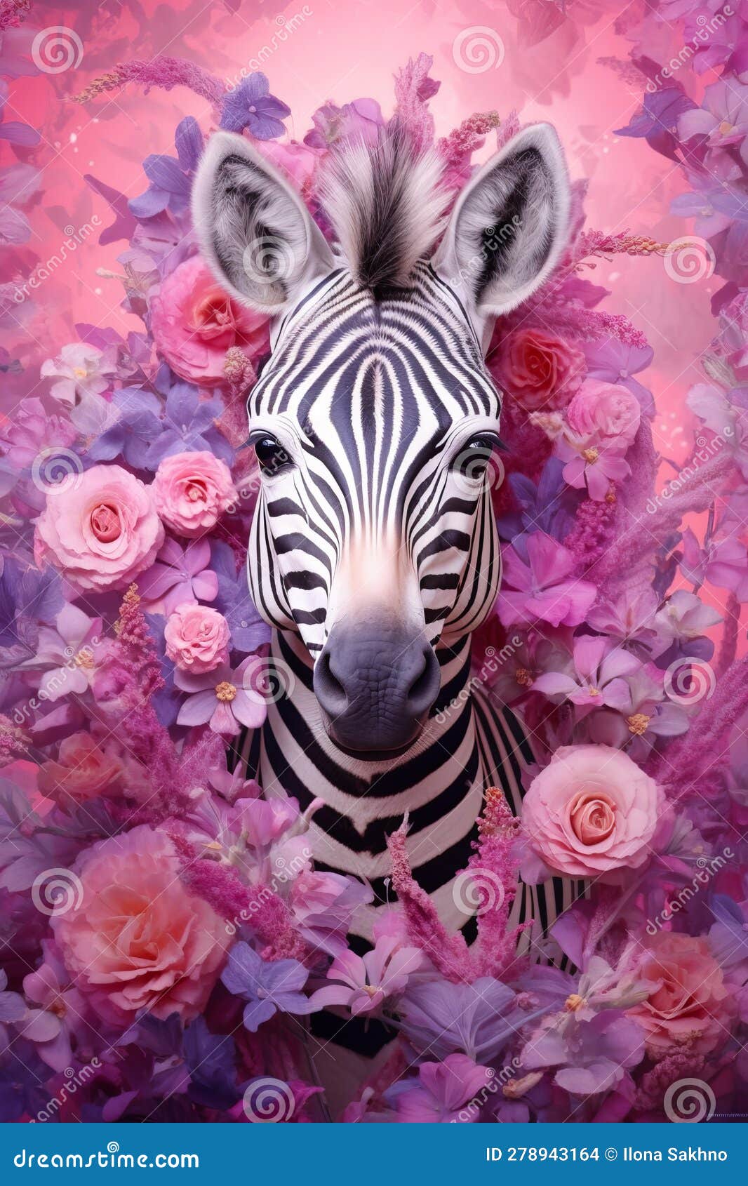 Zebra in pink flowers stock illustration. Illustration of print - 278943164