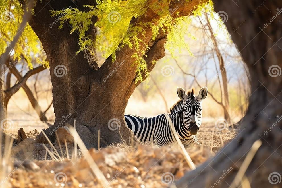 A Zebra Sheltering Under a Tree in Bright Sunlight Stock Photo - Image ...