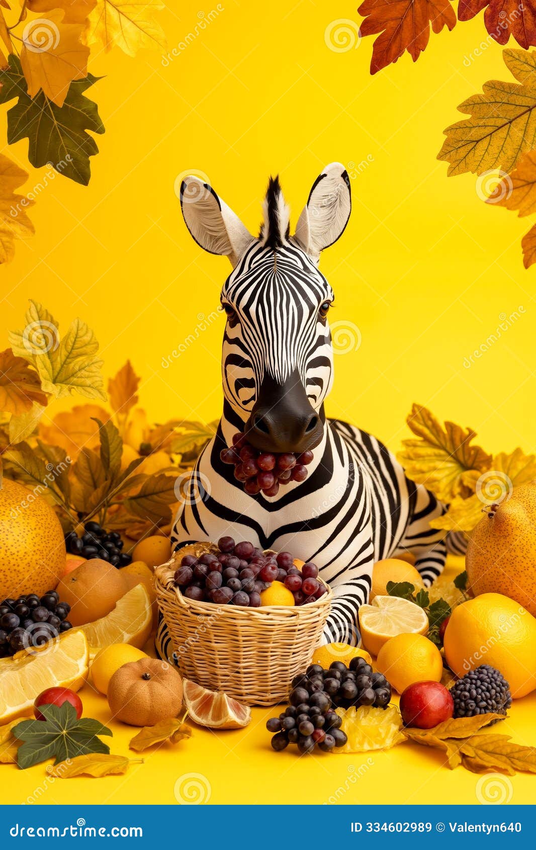 A Zebra Sitting Next To a Basket of Fruit on a Yellow Background Stock ...