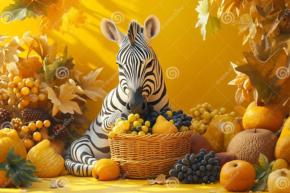 A Zebra Sitting Next To a Basket Full of Fruit and Vegetables Stock ...