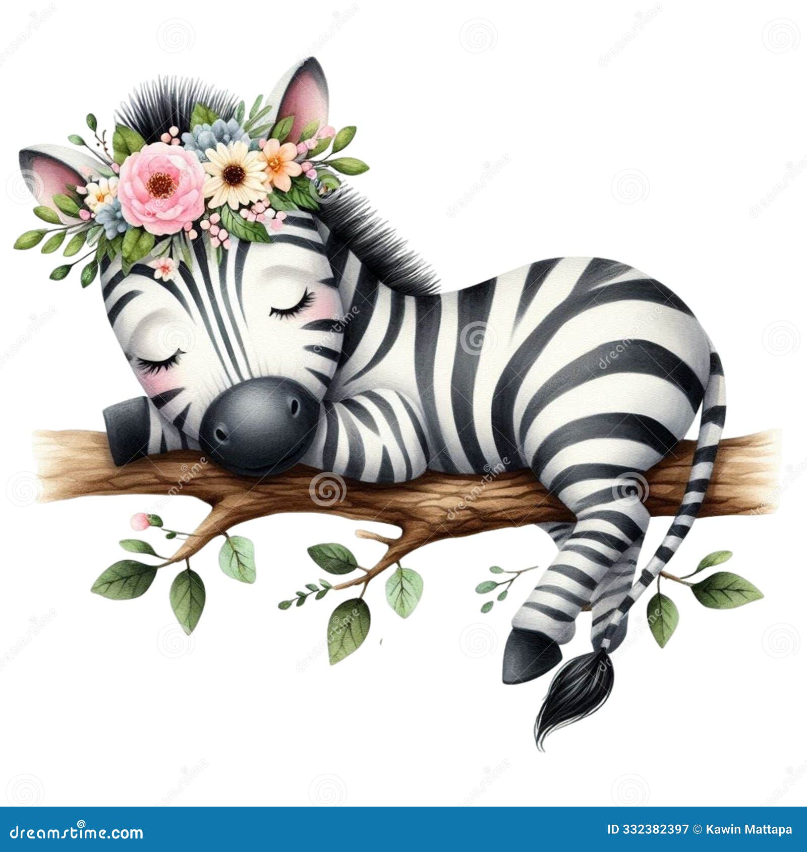 Zebra Sleeping on a Branch Clipart Watercolor Stock Illustration ...