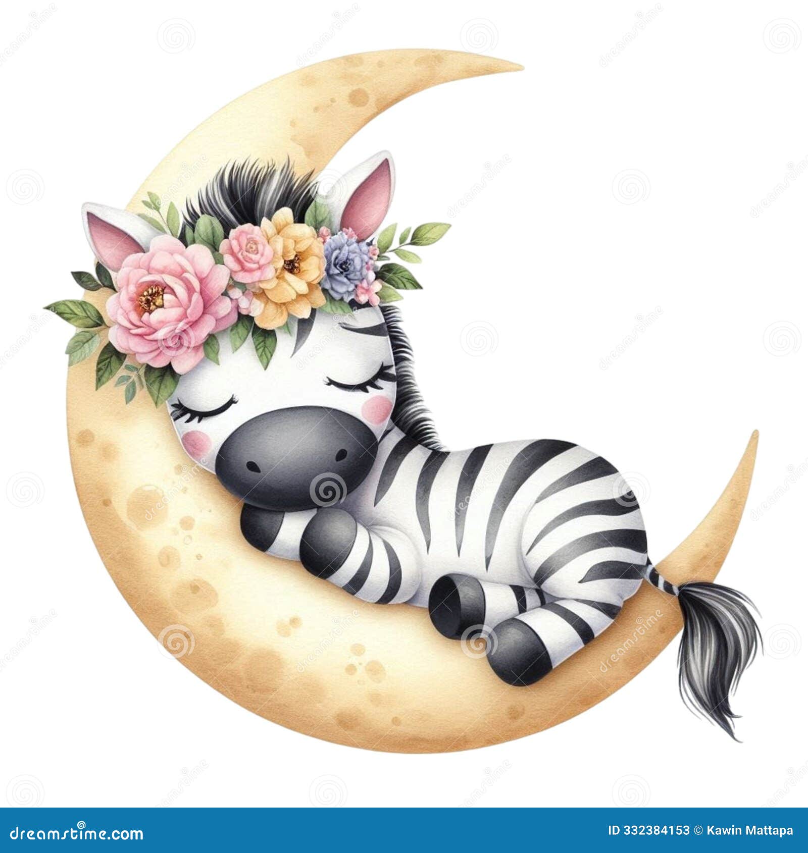 Zebra Sleeping on the Moon Clipart Watercolor Stock Illustration ...