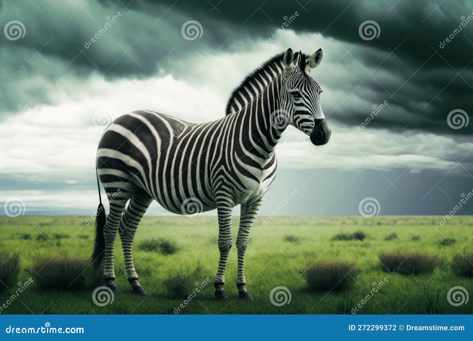 Zebra Standing in the Middle of Field Under Cloudy Sky with Dark Clouds ...
