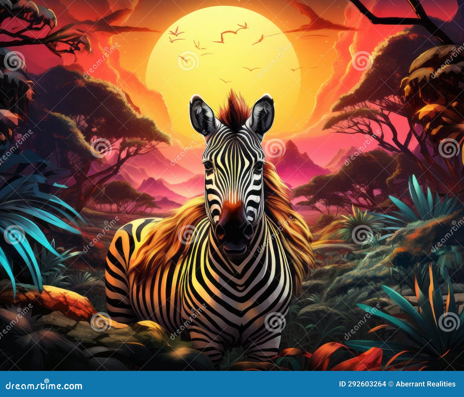 A Zebra Standing in the Middle of a Jungle at Sunset Stock Illustration ...