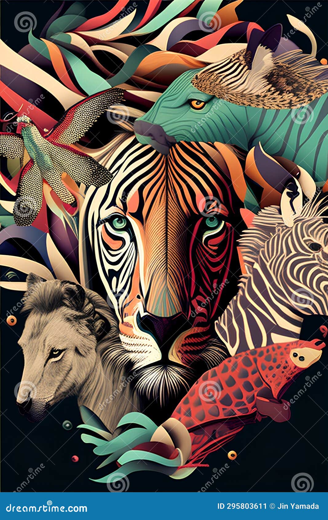 Zebra, Tiger, Lion and Fish. Colorful Abstract Background Stock ...