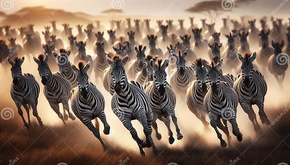 Zebras Sprinting, Dust Flying, Dynamic Herd Movement Stock Illustration ...