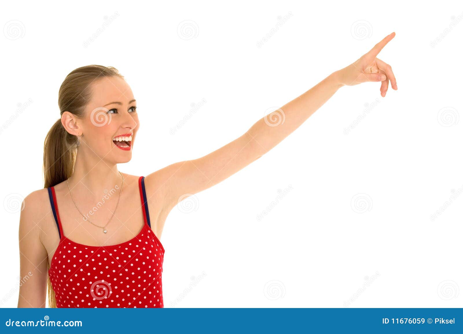 Zeigen der jungen Frau stockbild. Bild von studio, froh - 11676059