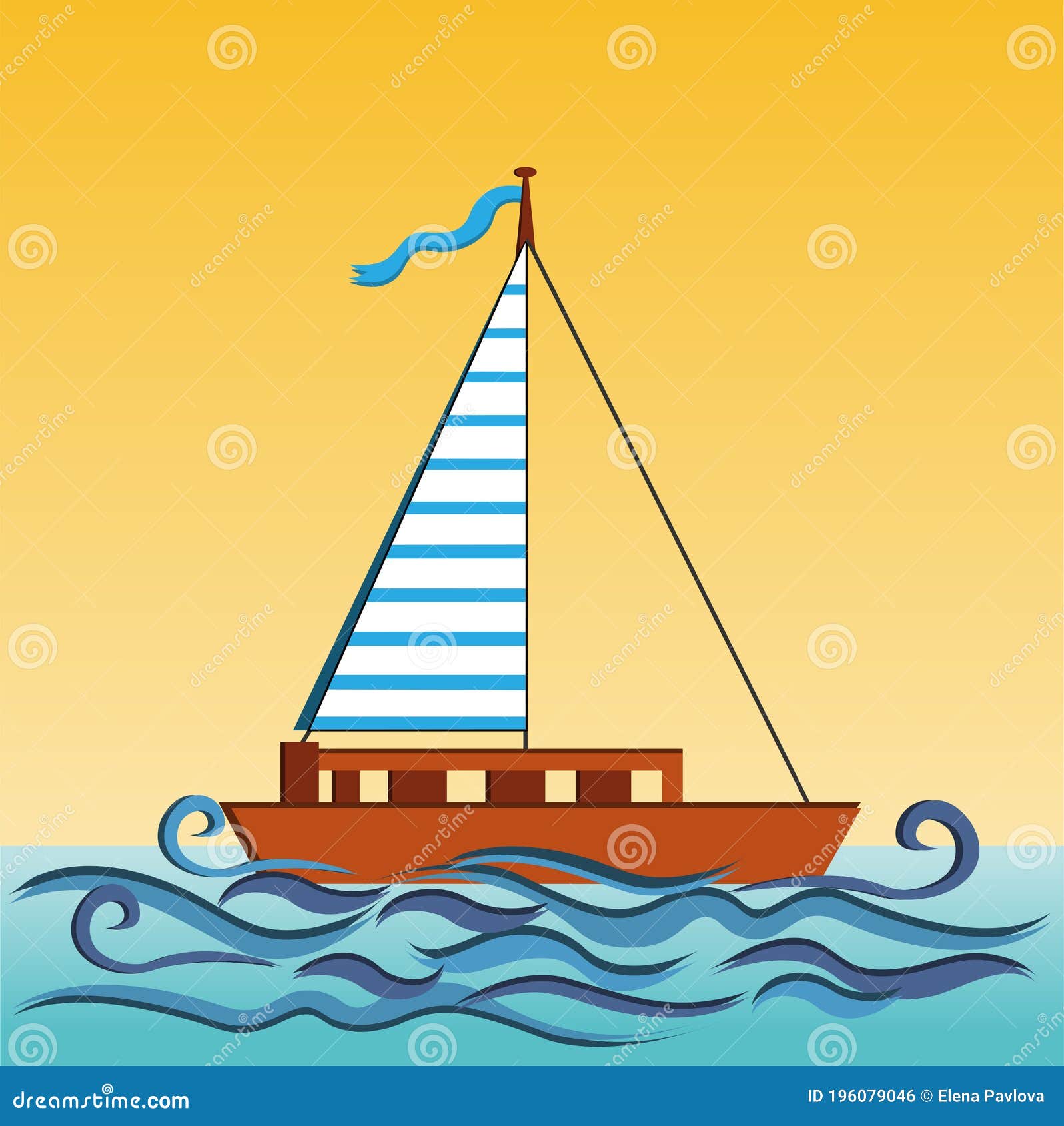 Zeilboot Op Zee Golven Op Een Zonnegeel Achtergrondverloopvectorcartoon ...