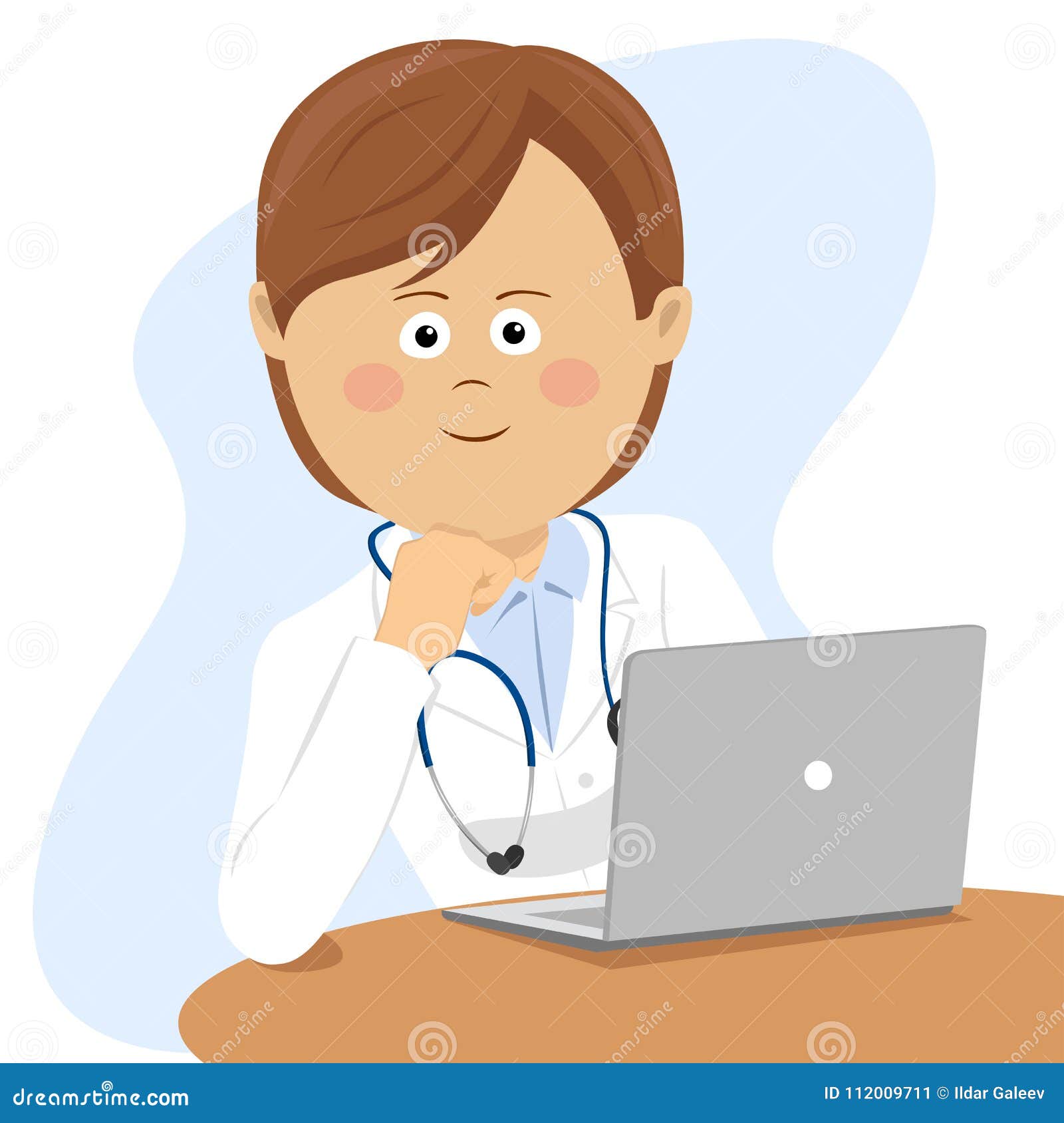 Zekere Vrouwelijke Artsenzitting Bij Bureau Met Laptop Gezondheidszorg